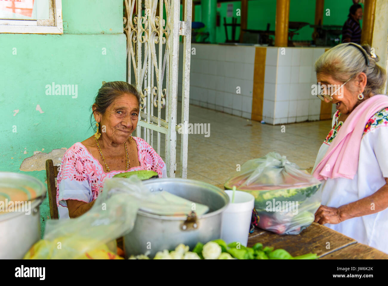 Mayan sellers in the central market in Acanceh, Yucatan state, Mexico ...