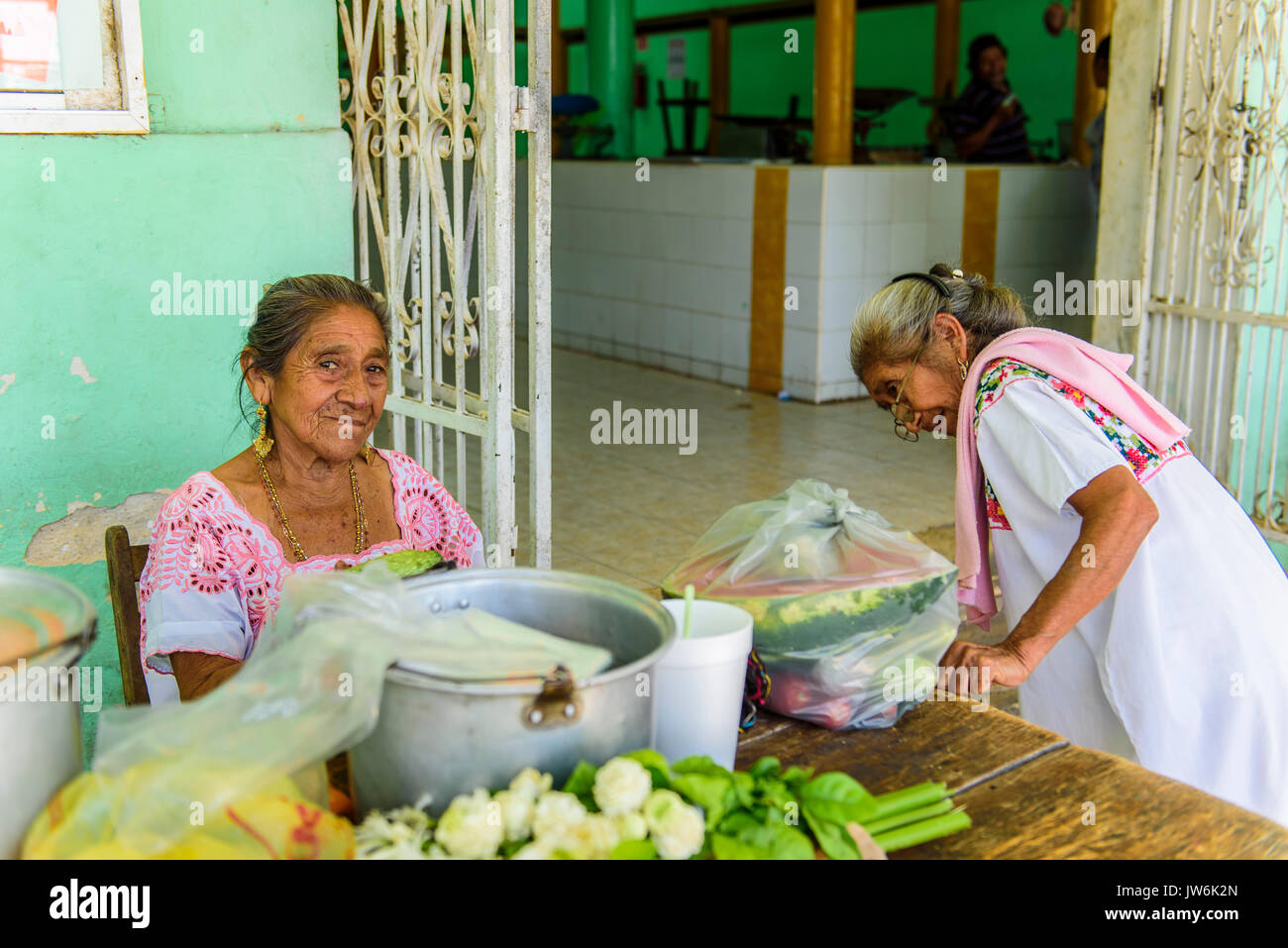 Mayan sellers in the central market in Acanceh, Yucatan state, Mexico ...
