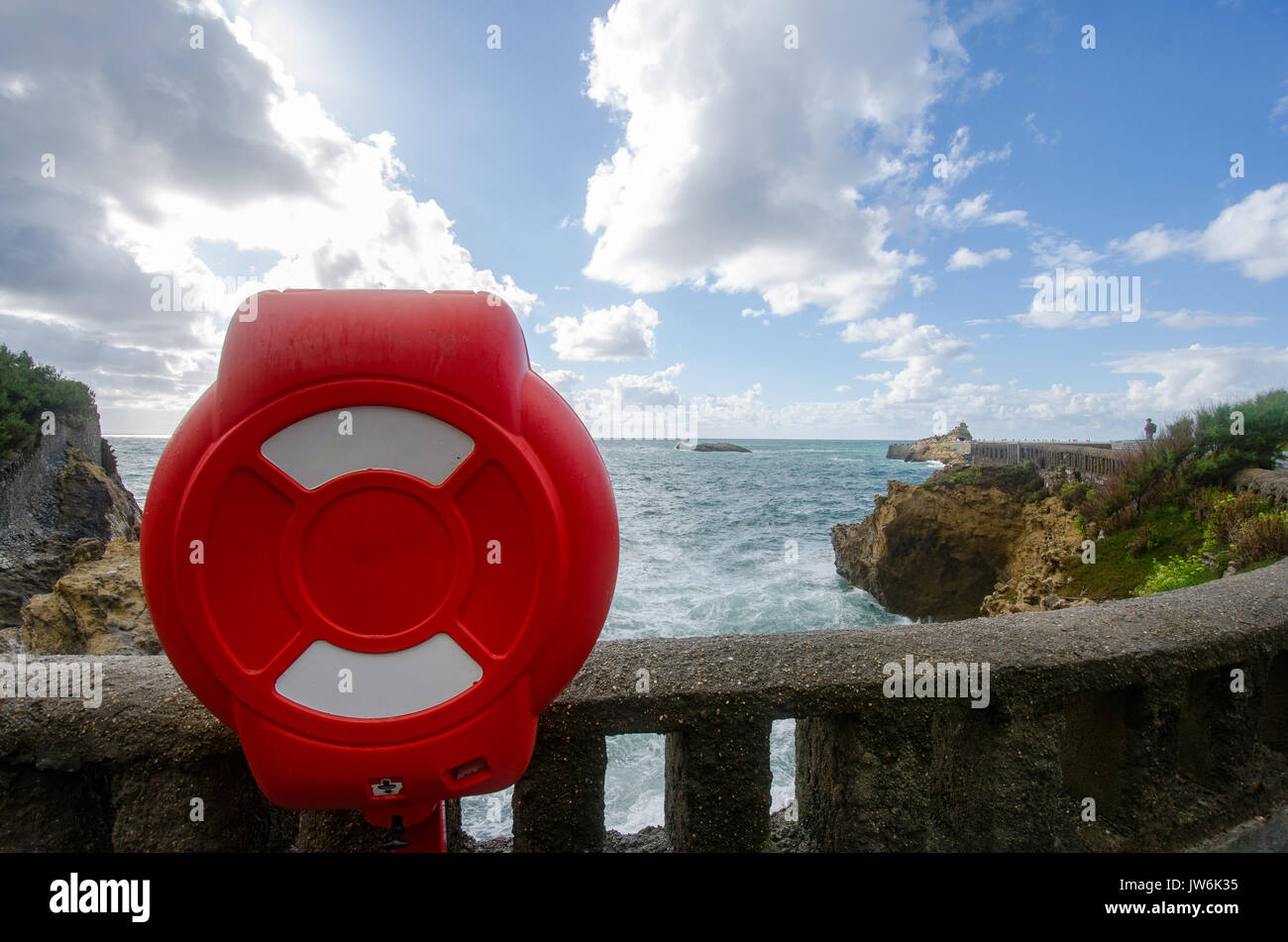 Lifebuoy attached to balustrade in Biarrirz known by its dangerous ...