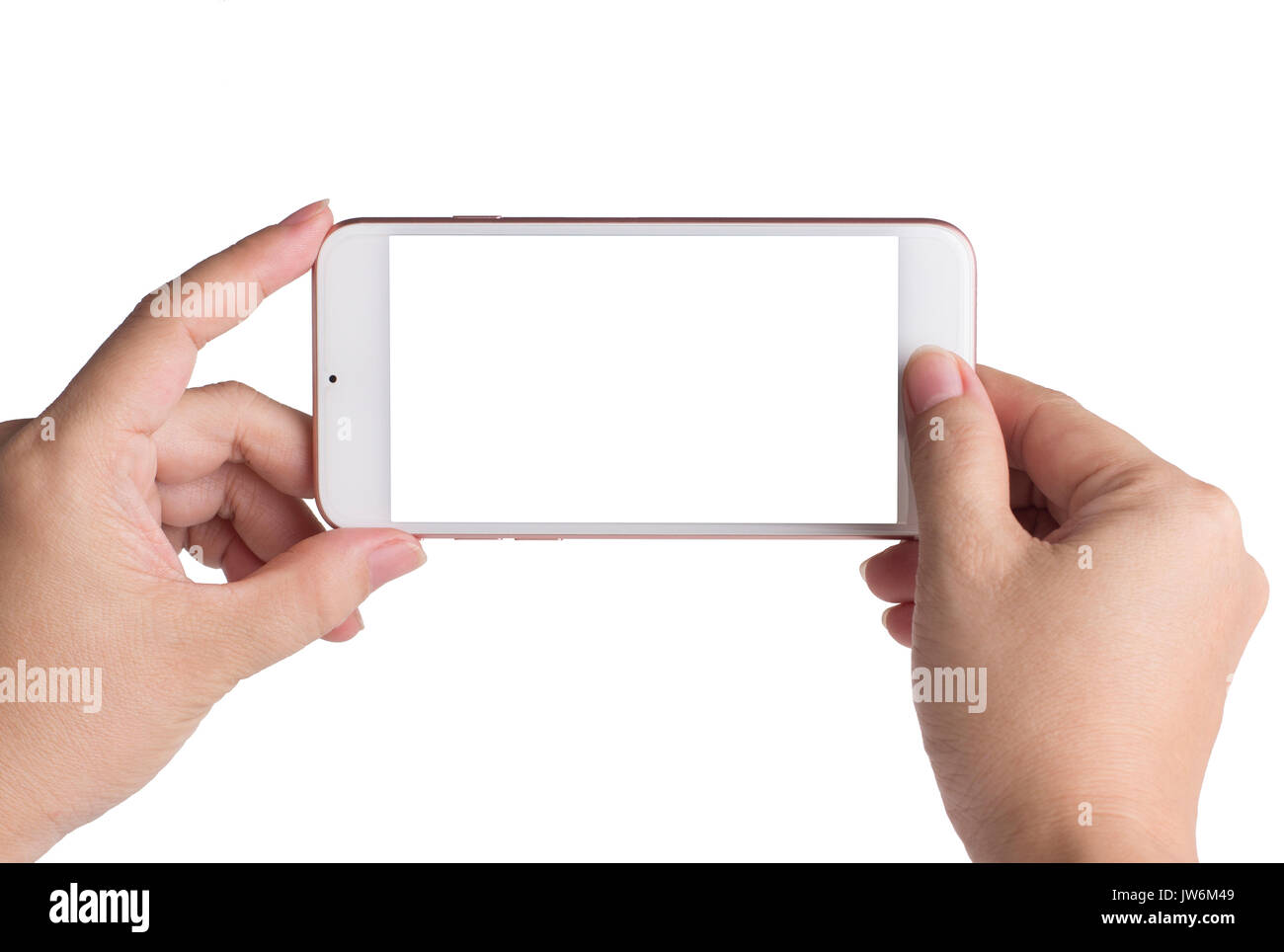 Woman hand holding smartphone blank screen isolated on white Stock ...