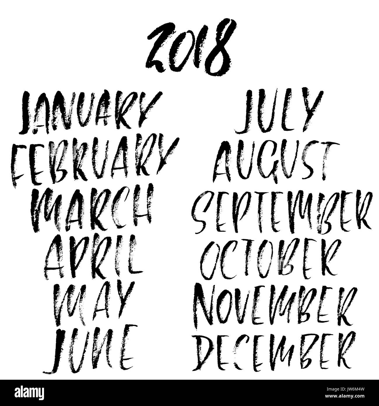 Hand drawn set of months. Modern dry brush lettering. Names of the ...