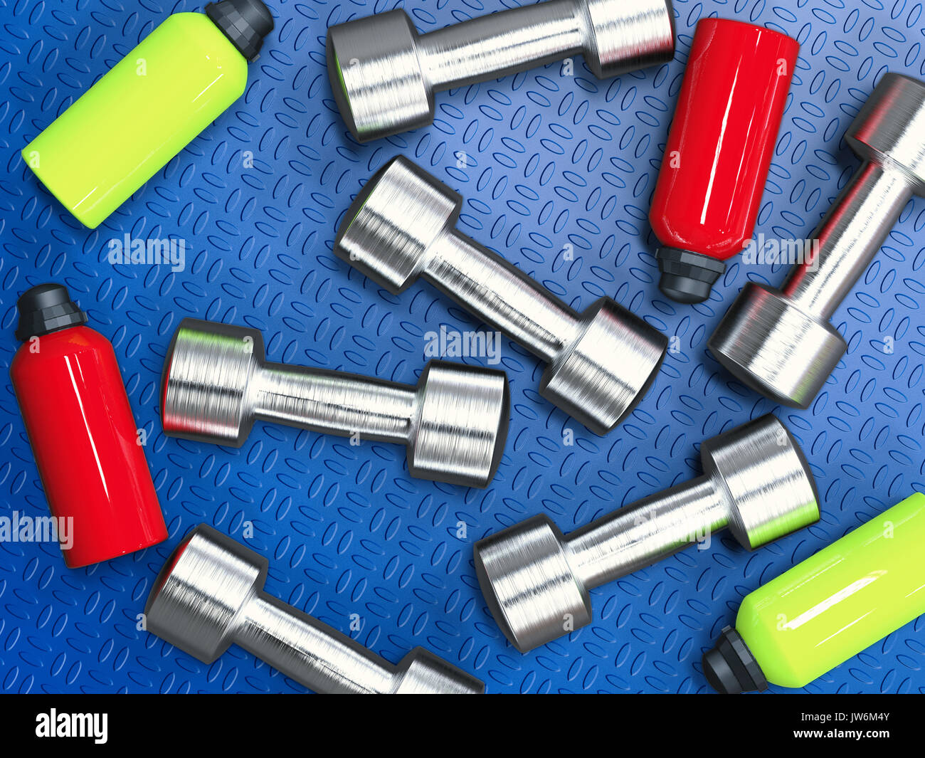 workout background with 3d rendering dumbbells and flask Stock Photo ...