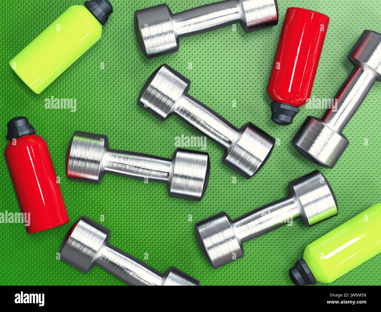 workout background with 3d rendering dumbbells and flask Stock Photo ...