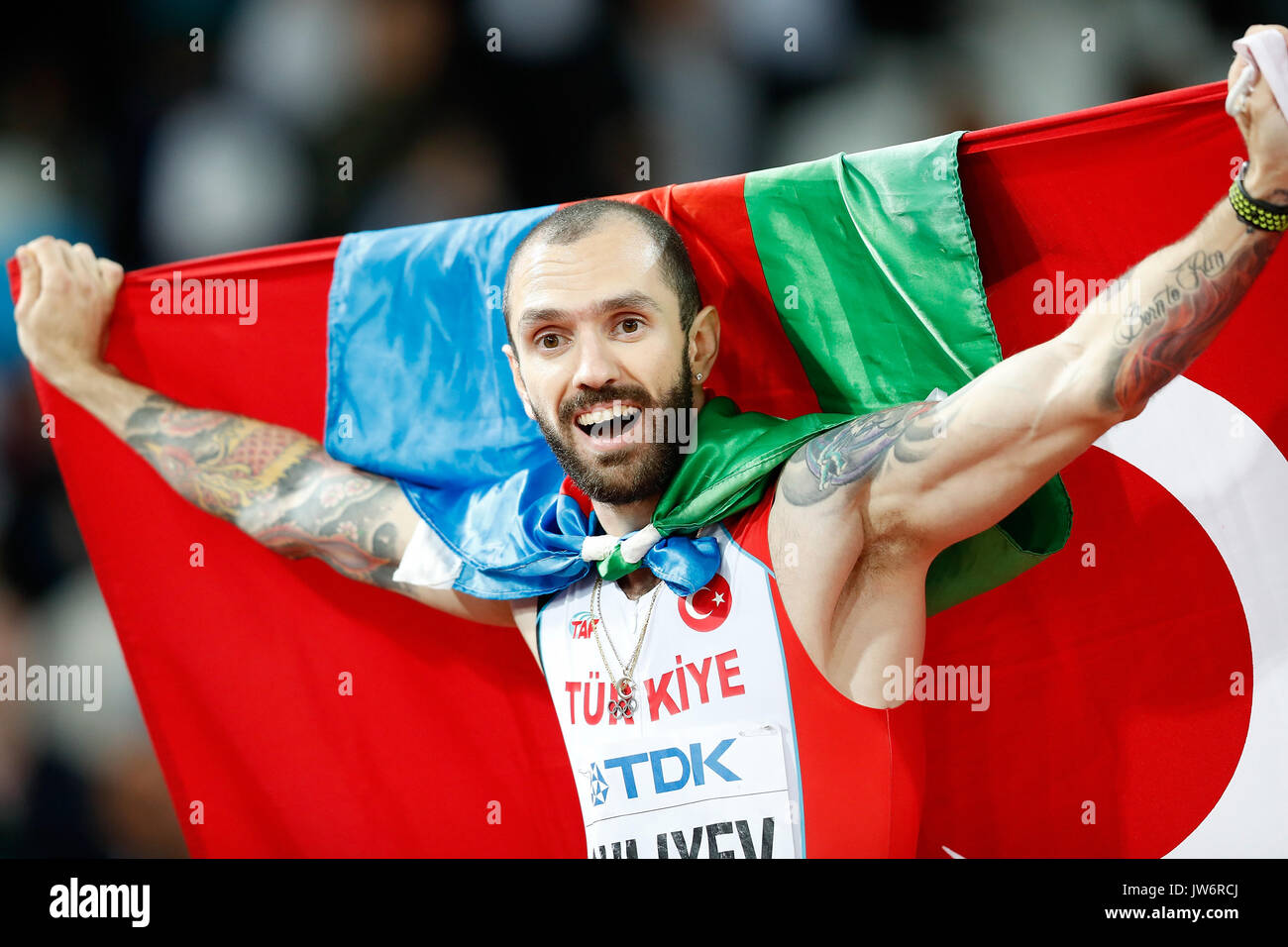 London, Britain. 10th Aug, 2017. Ramil Guliyev of Turkey celebrates ...