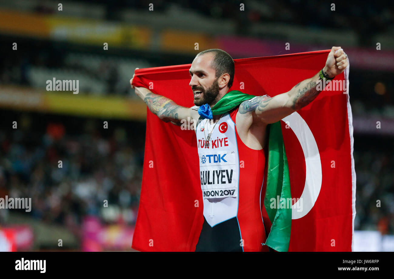 London, Britain. 10th Aug, 2017. Ramil Guliyev of Turkey celebrates ...