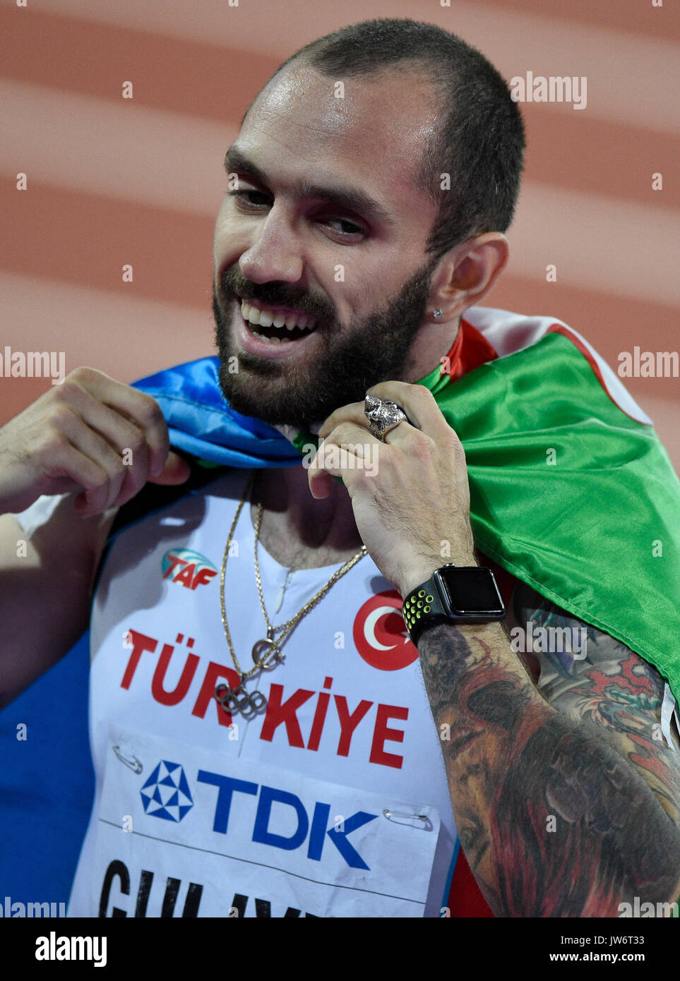London, UK. 10th Aug, 2017. Ramil Guliyev from Turkey celebrating his ...