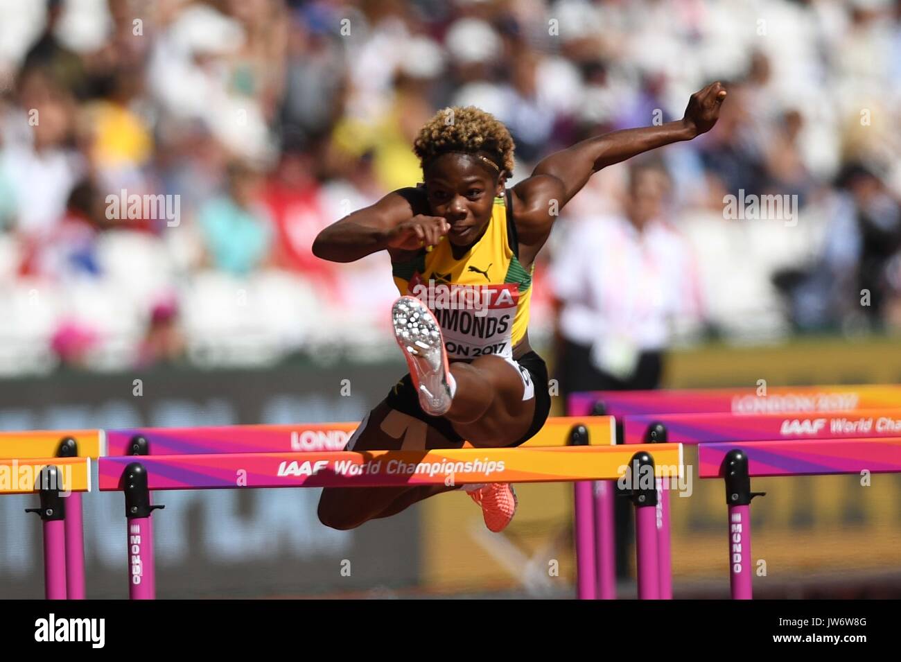 London, UK. 11th Aug, 2017. Megan SIMMONDS (JAM) clears the last hurdle ...