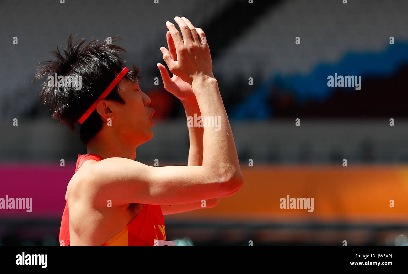 London, Britain. 11th Aug, 2017. Zhang Guowei of China reacts after he ...