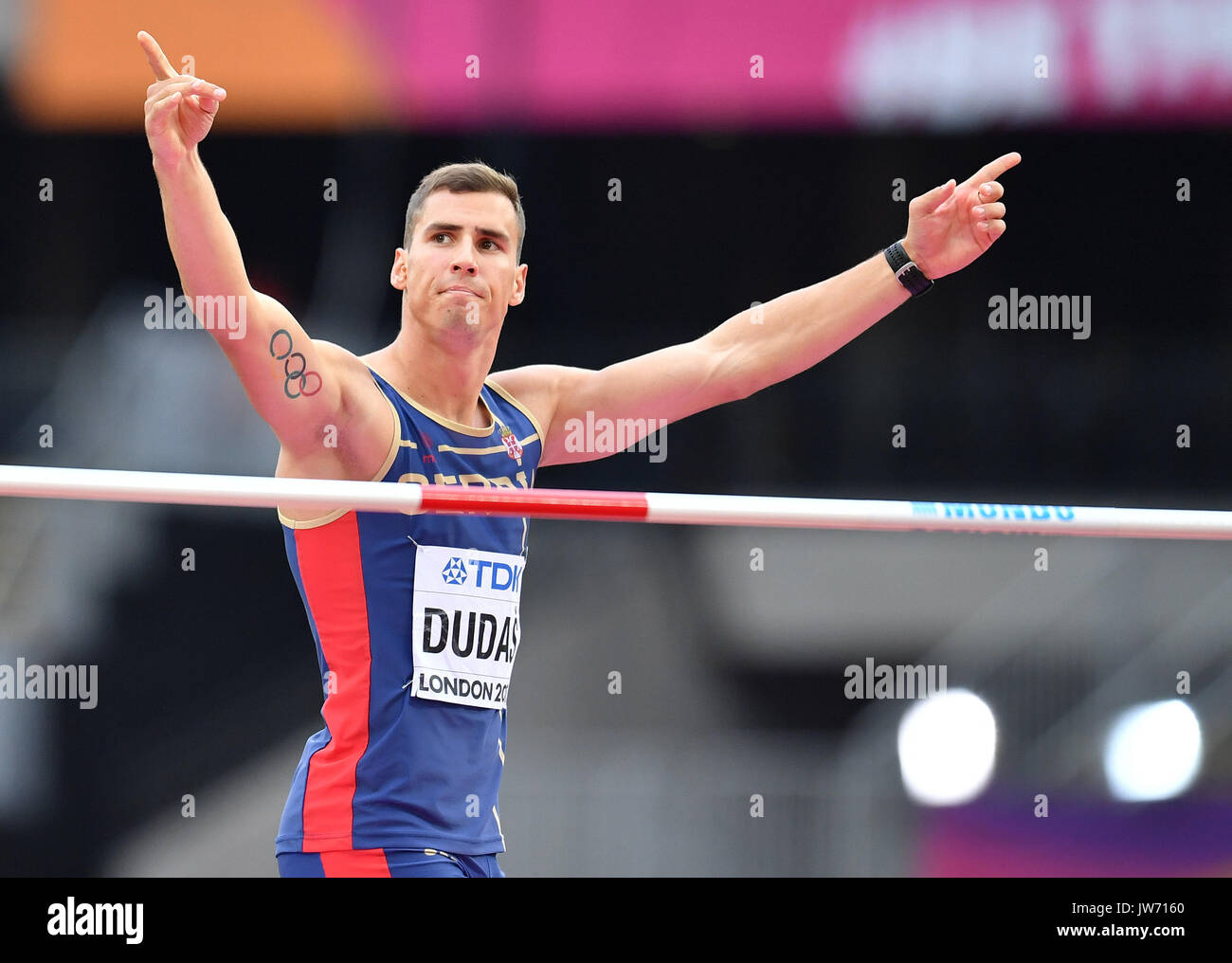 London, UK. 11th Aug, 2017. The Serbien decathlete Mihail Dudas reacts ...