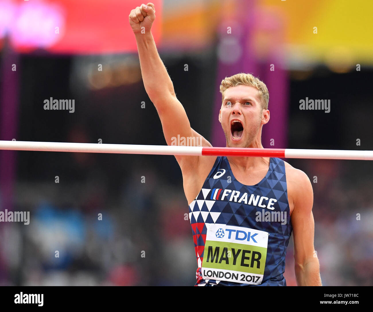 London, UK. 11th Aug, 2017. The French decathlete Kevin Mayer cheers ...