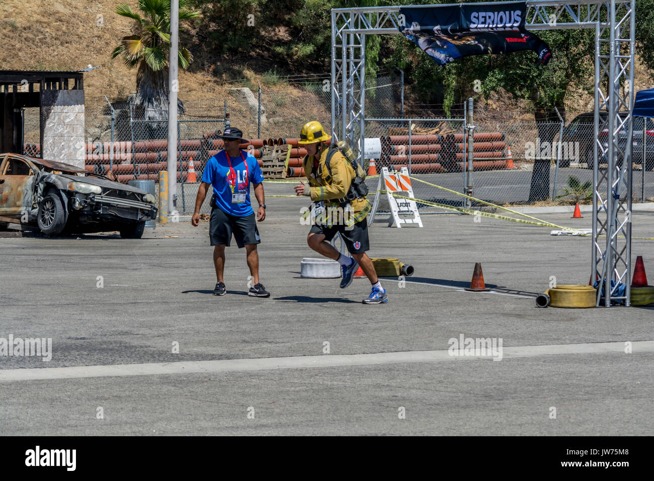 Los Angeles, CA, USA 11 AUG 2017. Firefighters during the Ultimate ...