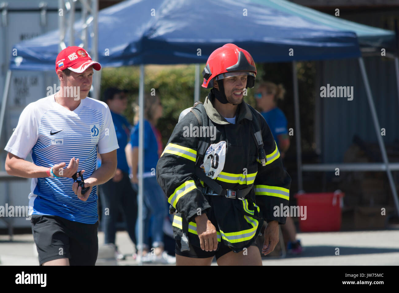 Los Angeles, CA, USA 11 AUG 2017. Firefighters during the Ultimate ...