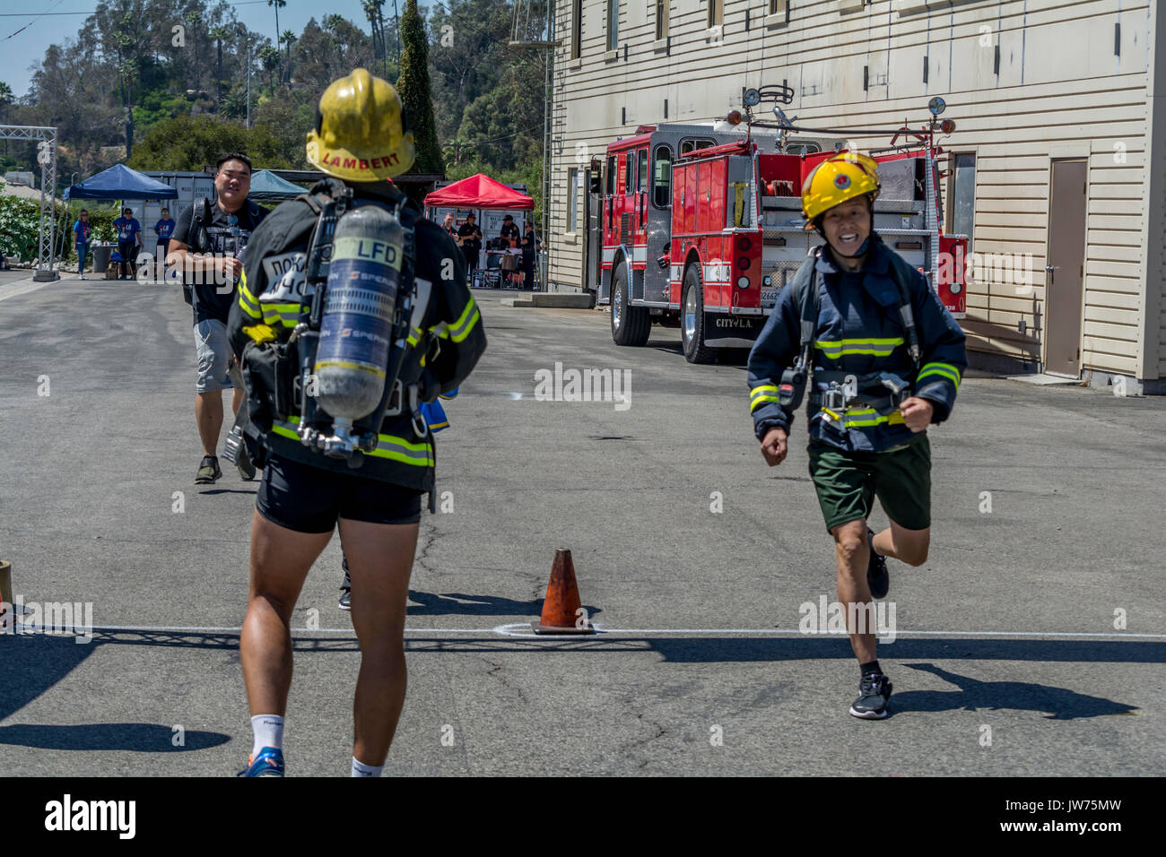 Los Angeles, CA, USA 11 AUG 2017. Firefighters during the Ultimate ...