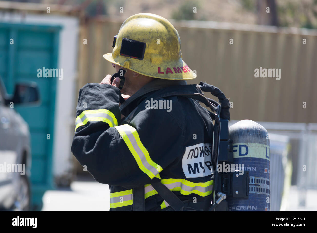 Los Angeles, CA, USA 11 AUG 2017. Firefighters during the Ultimate ...