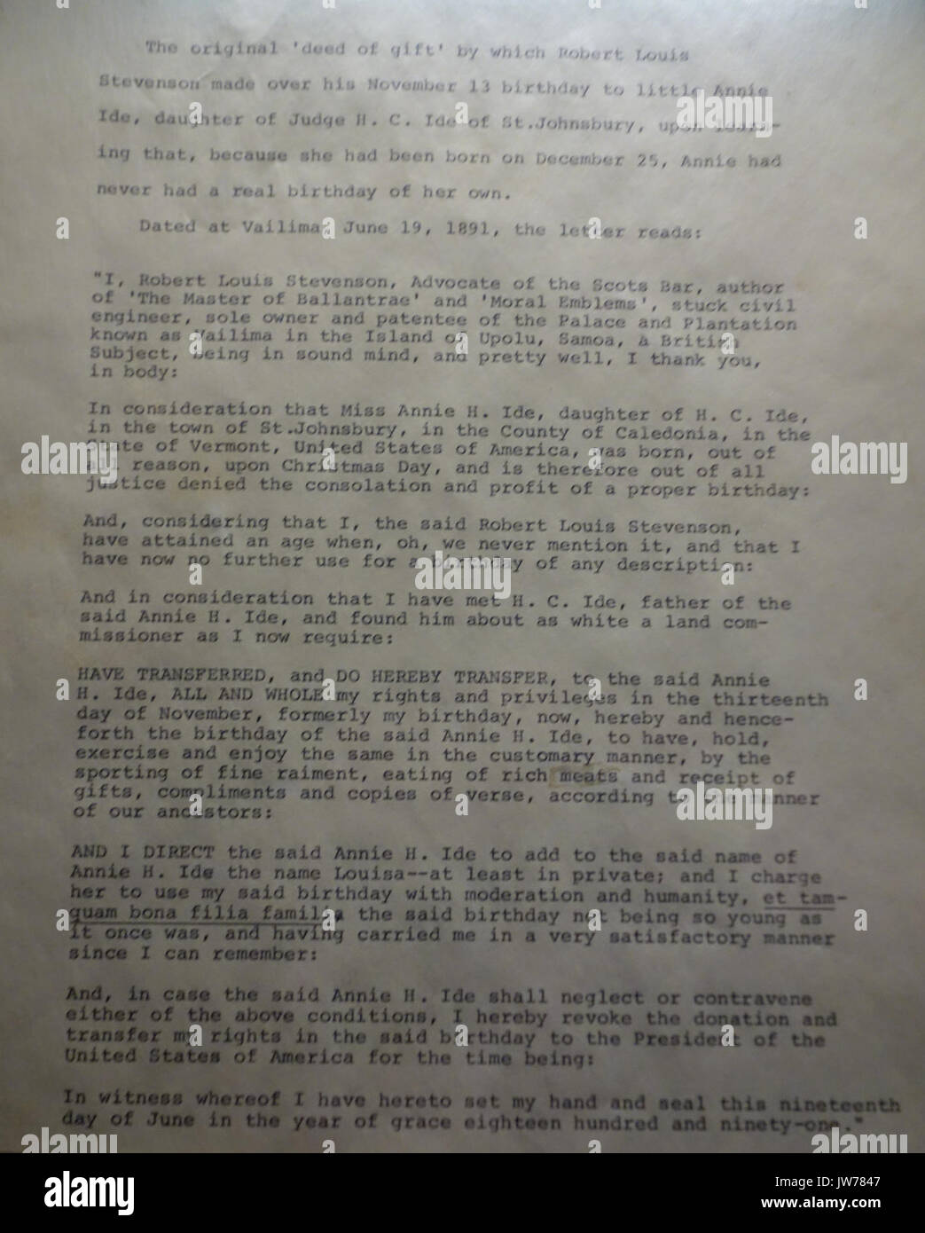 Deed of Gift by Robert Louis Stevenson, typescript copy Fairbanks ...