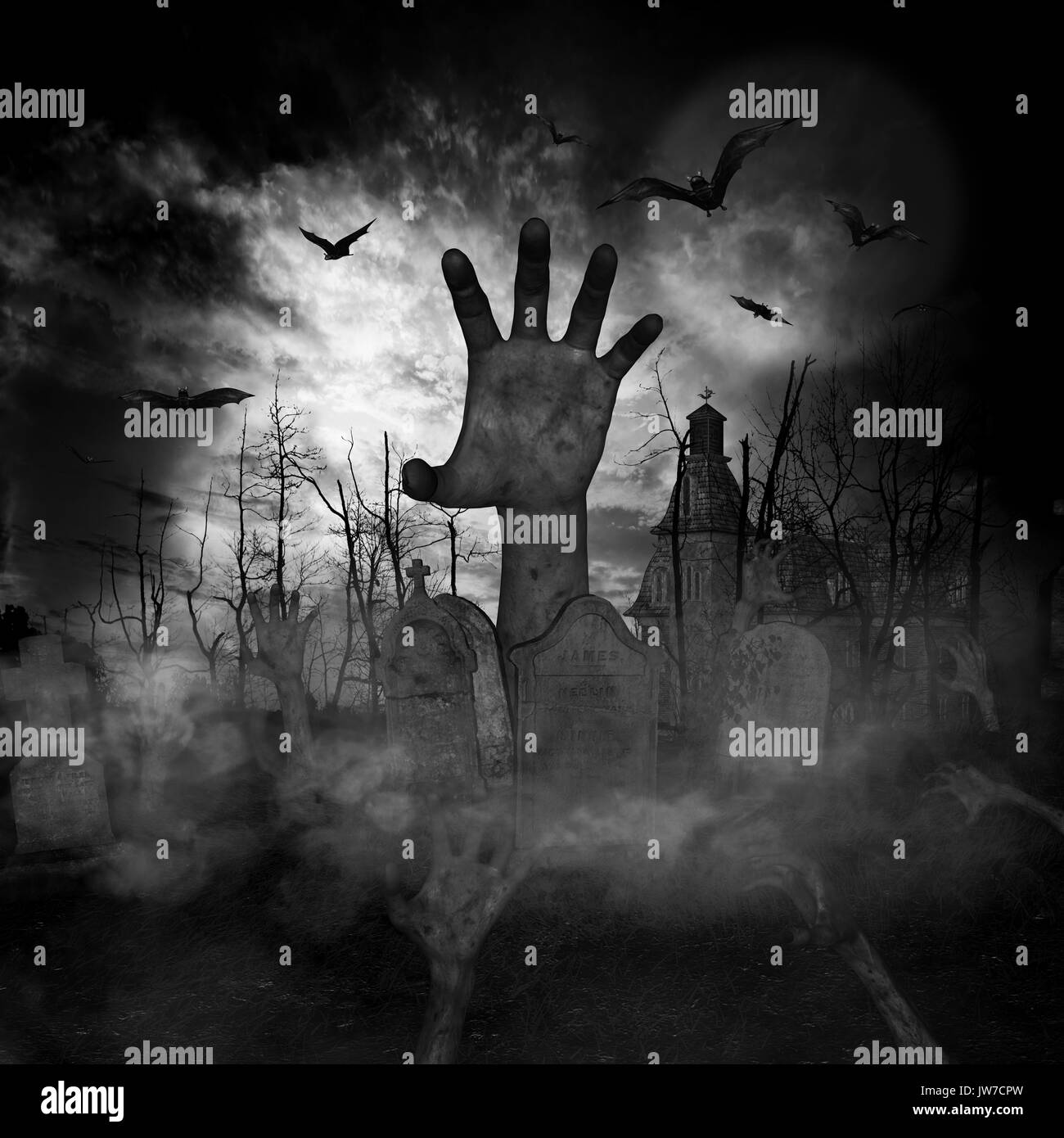 3D illustration of a halloween concept background of zombies or undead ...