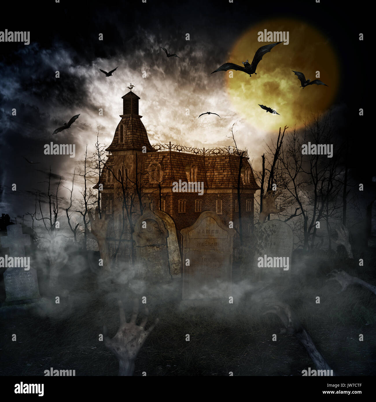 3D illustration of a halloween concept background of castle and ...