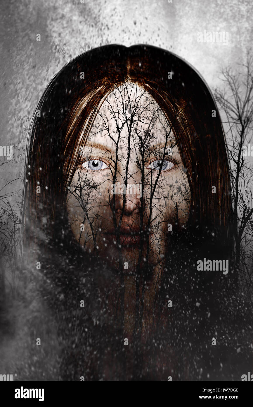 3d illustration of close up scary ghost woman in the woods,Horror ...