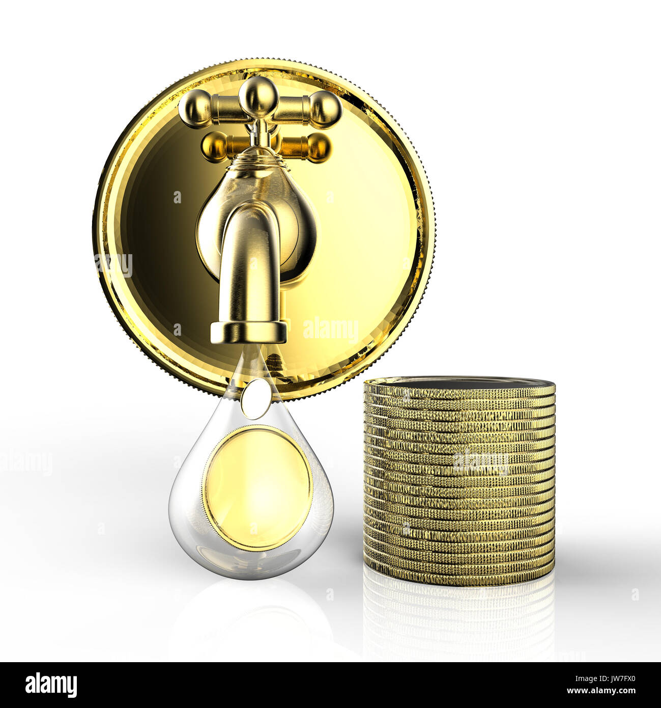 3d rendering golden tap with gold coins falling Stock Photo - Alamy
