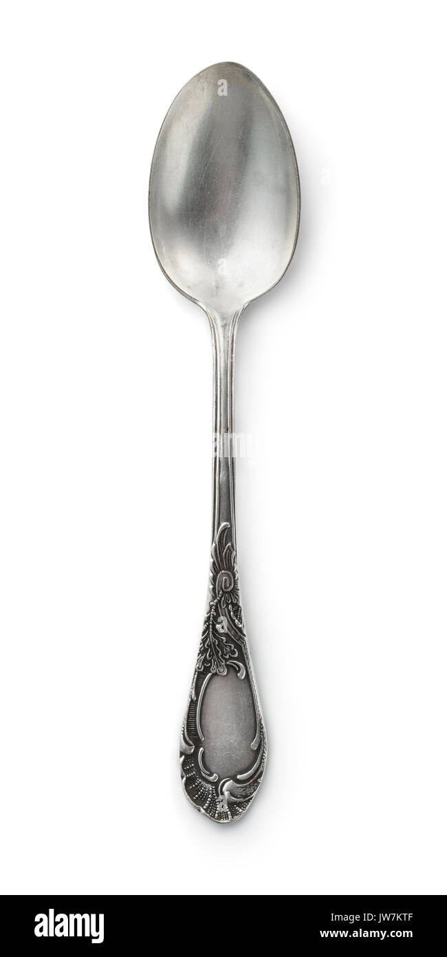 Top view of old silver tea spoon isolated on white Stock Photo - Alamy