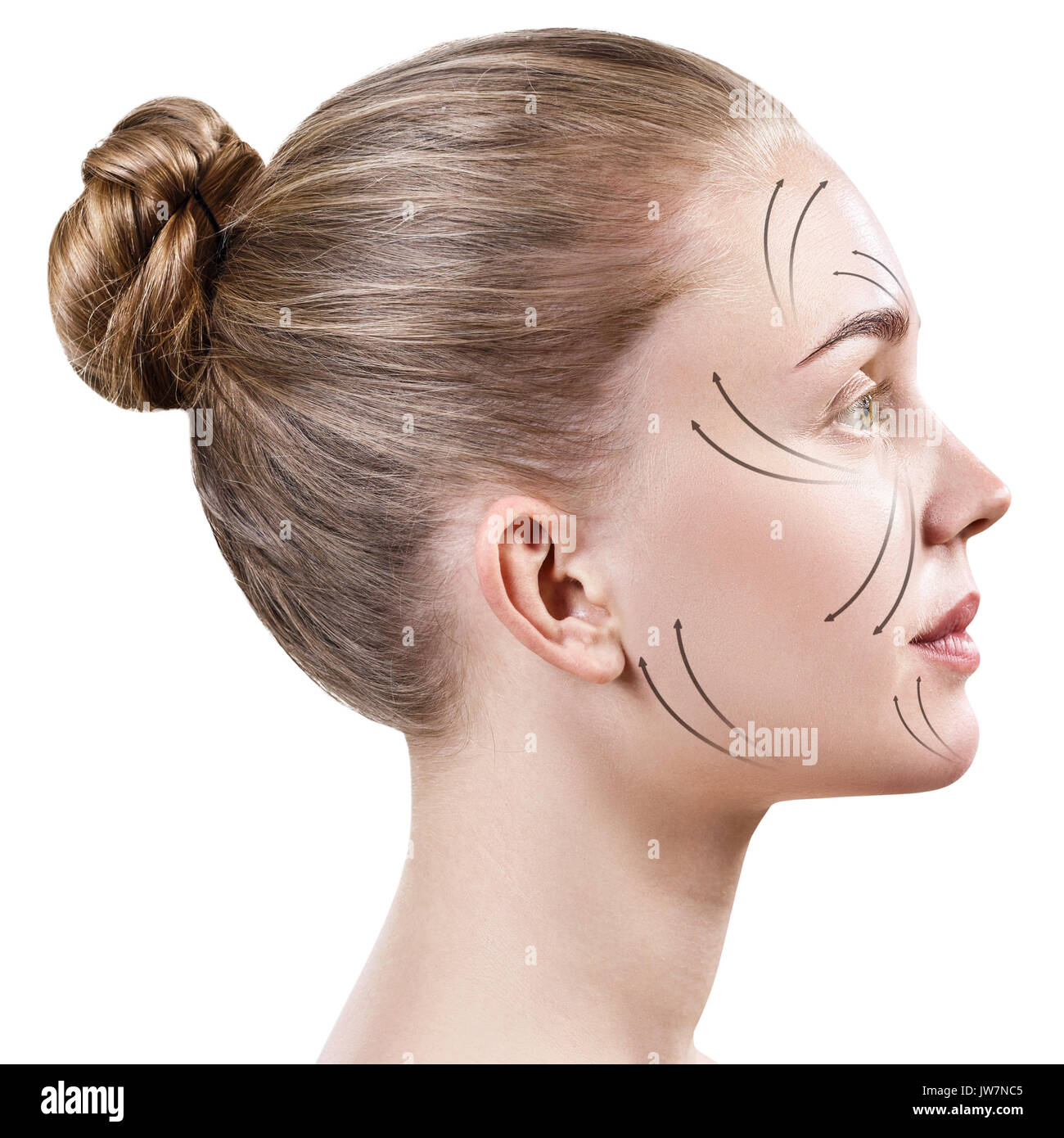 Beautiful woman face with massaging arrows on face. Anti-aging therapy ...