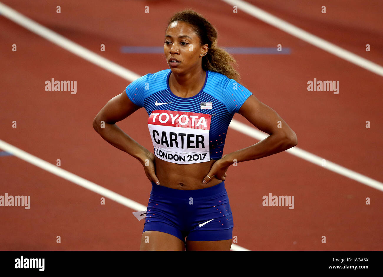 USA's Kori Carter after the Women's 400m hurdles heat during day four ...