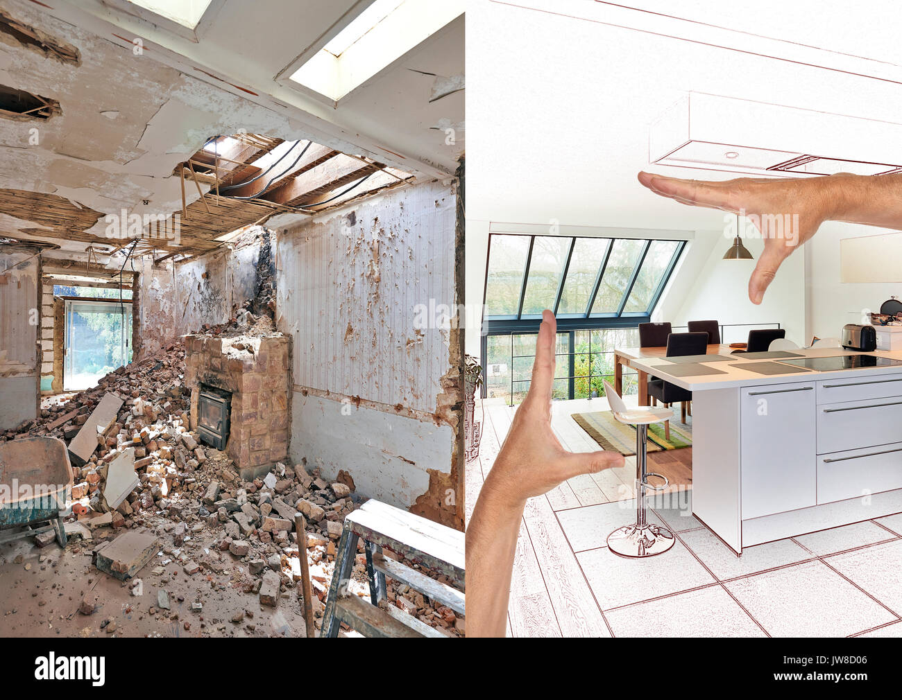 Drawing and planned Modern open kitchen in renovated house, before and ...