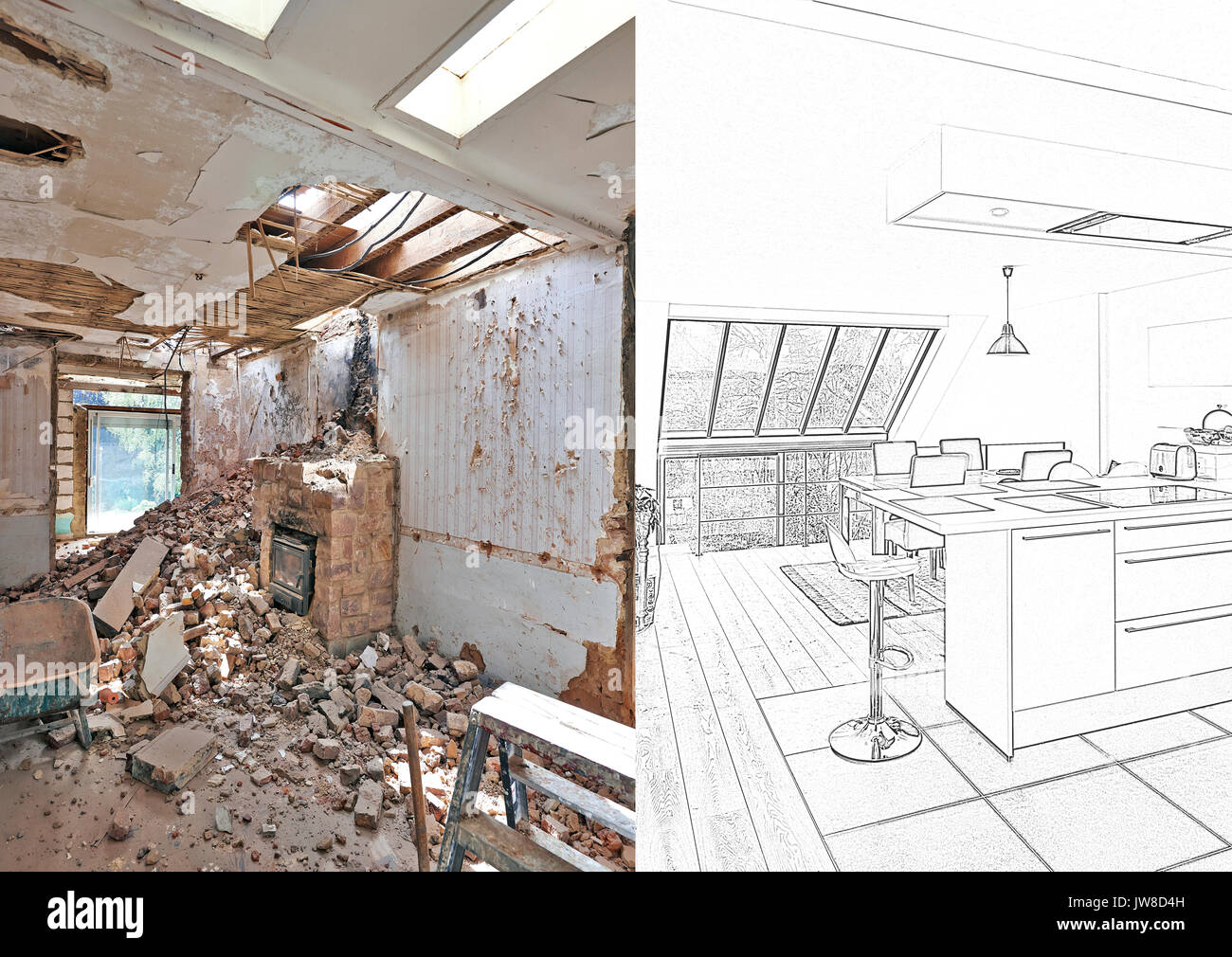 Drawing and planned Modern open kitchen in renovated house, before and ...