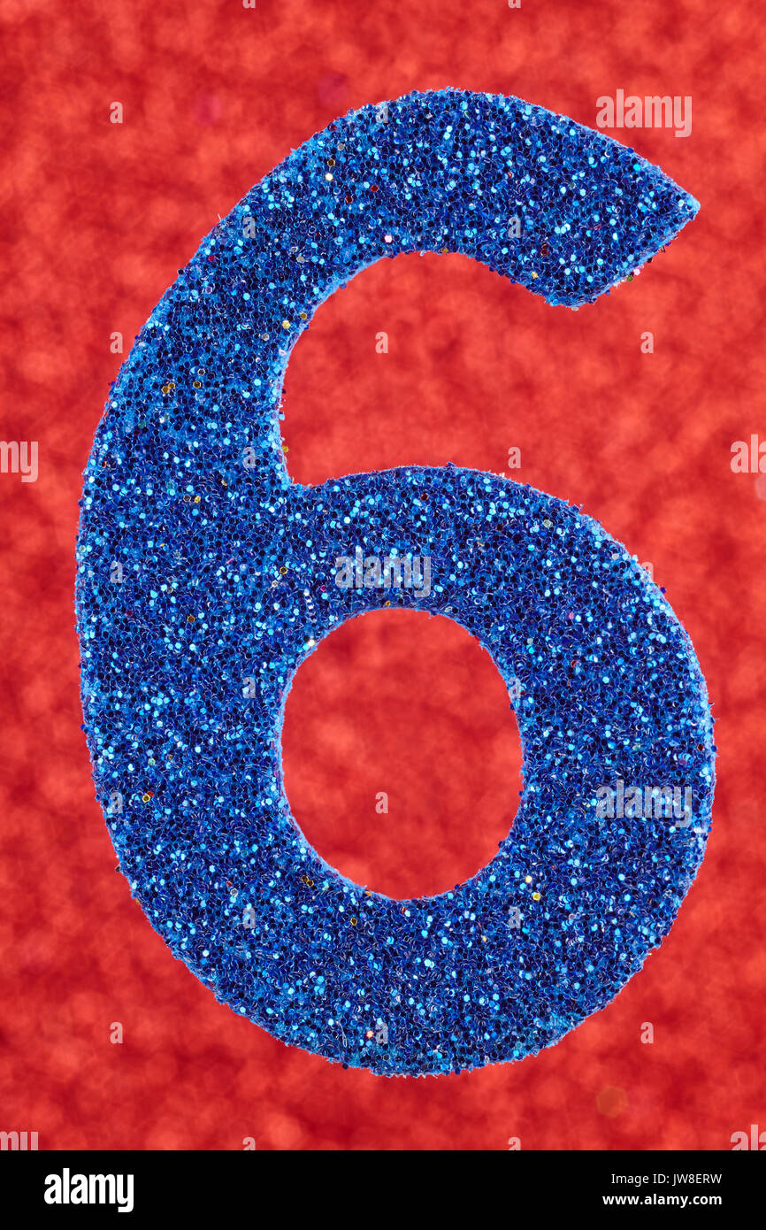 Number six blue color over a red background. Anniversary. Vertical ...