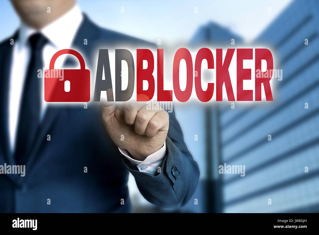 Adblocker touchscreen is operated by businessman Stock Photo - Alamy