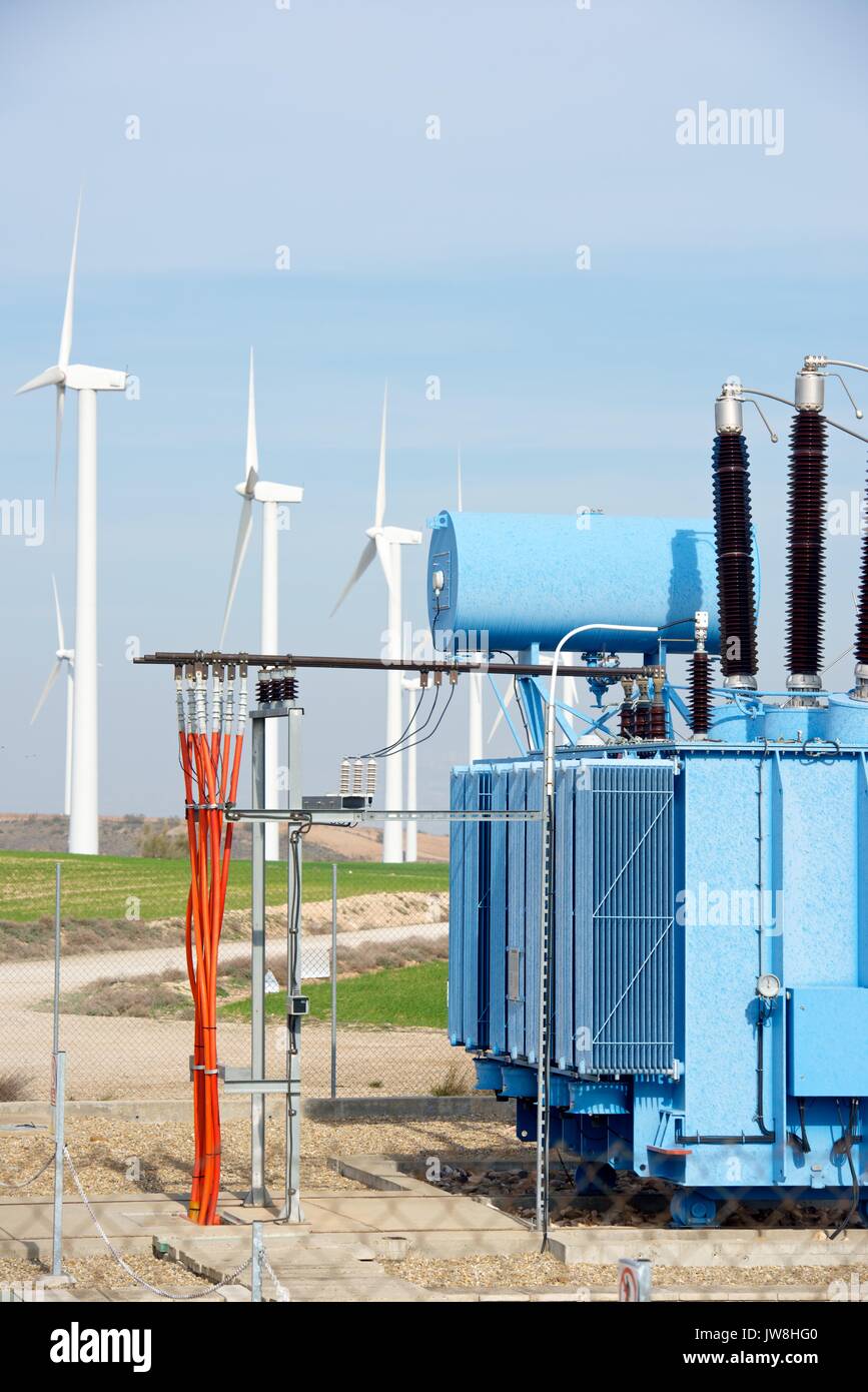 Windmills and electrical substation, Zaragoza province, Aragon, Spain ...