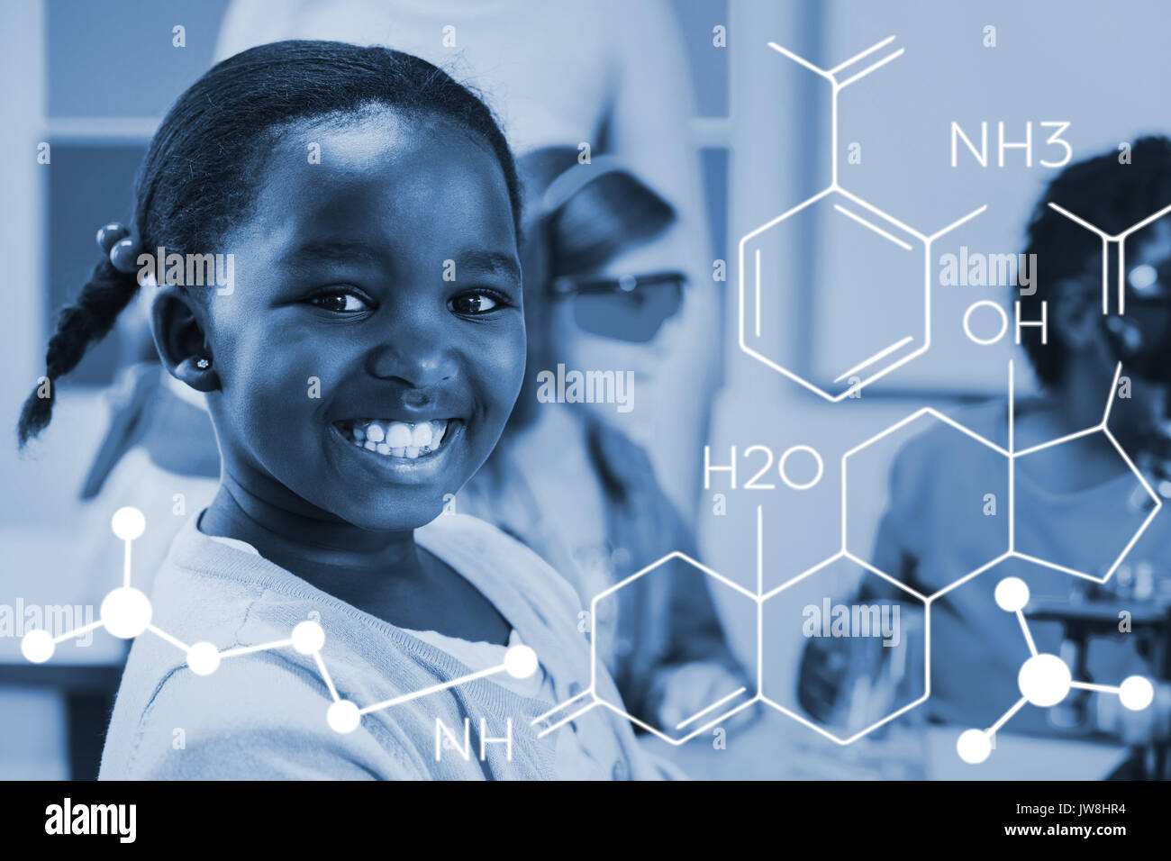 Composite image of chemical structure against portrait of happy ...