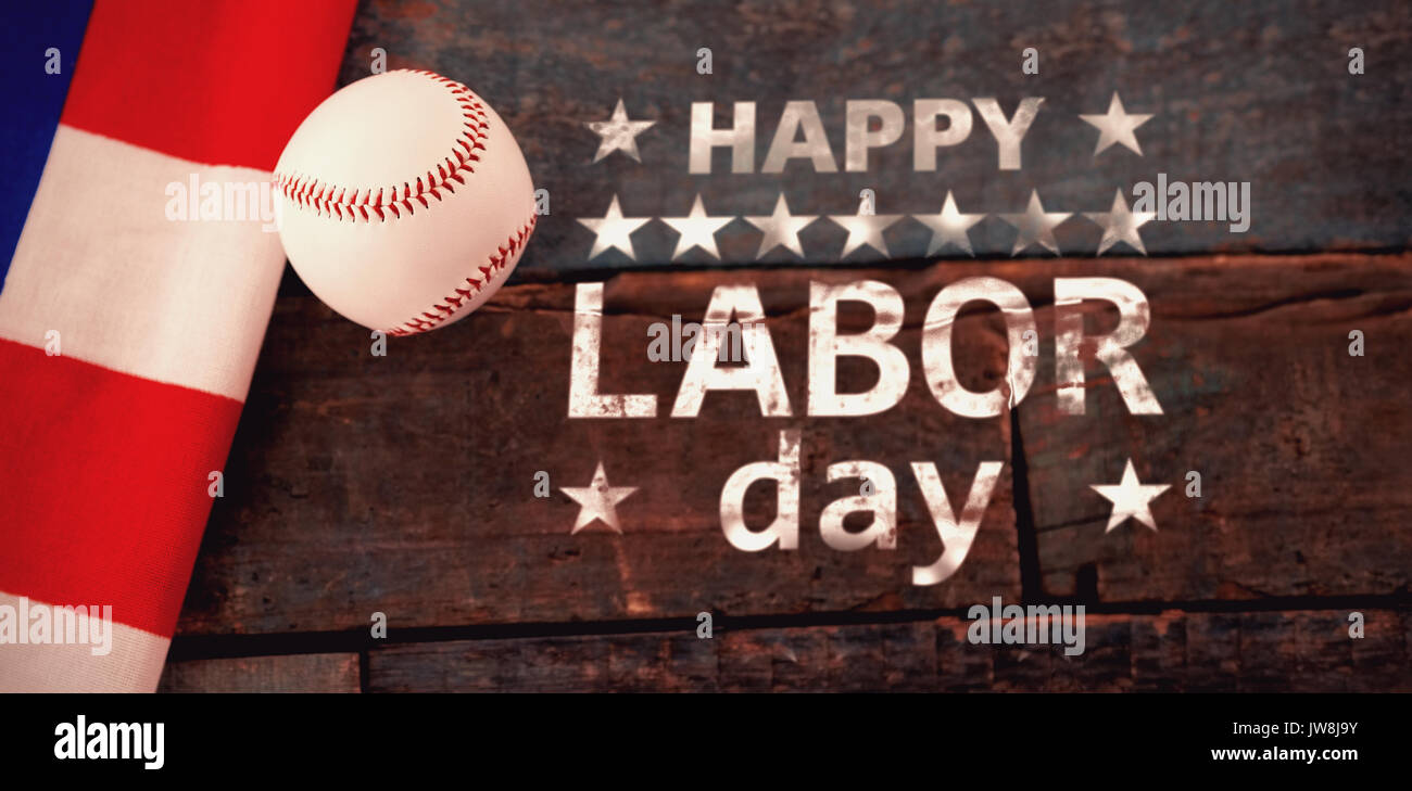 Poster of happy labor day text against baseball ball and american flag ...