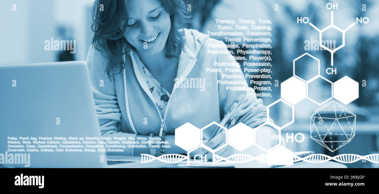 Illustrative image of blue text against cheerful student doing homework ...