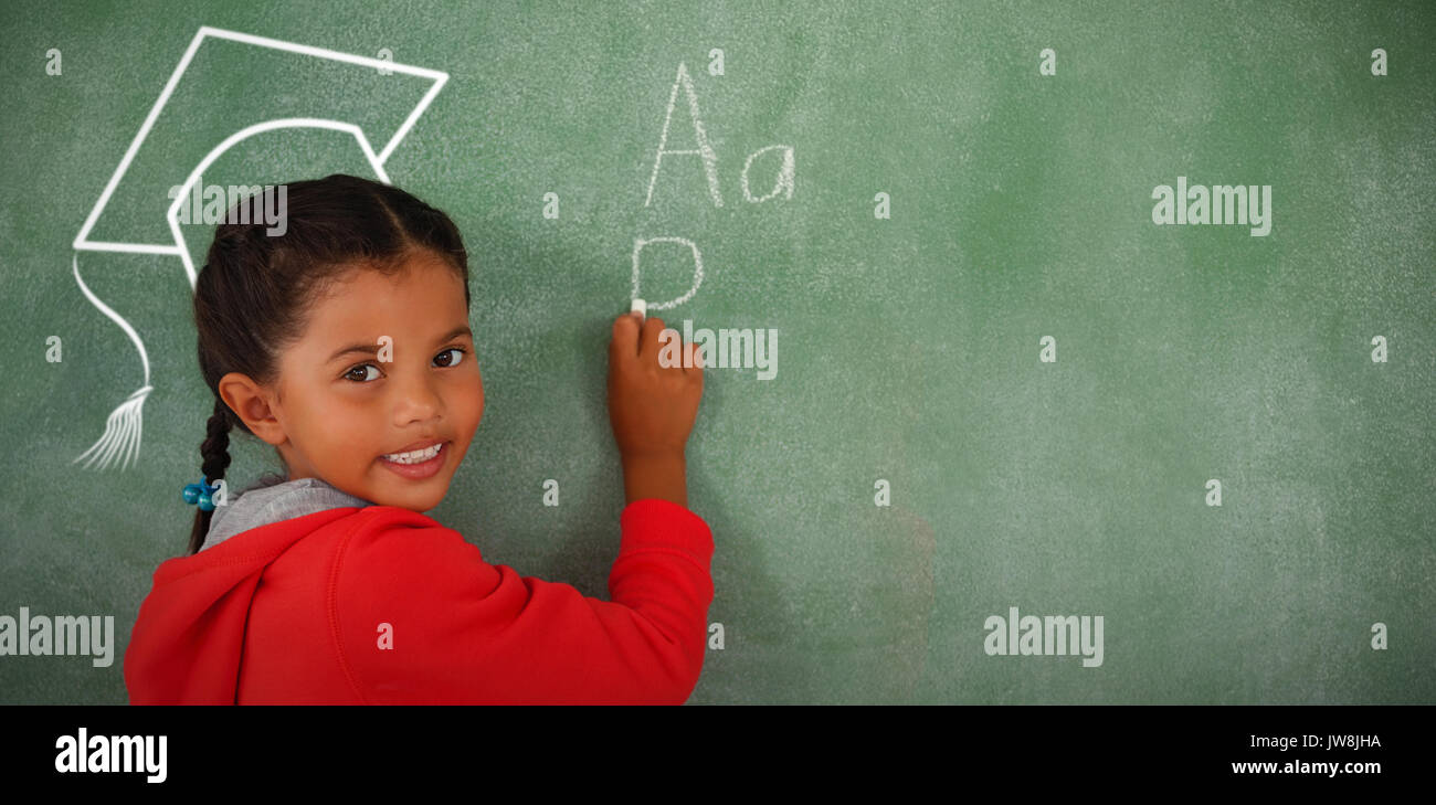 Graduation hat vector against young girl writing on chalk board Stock ...