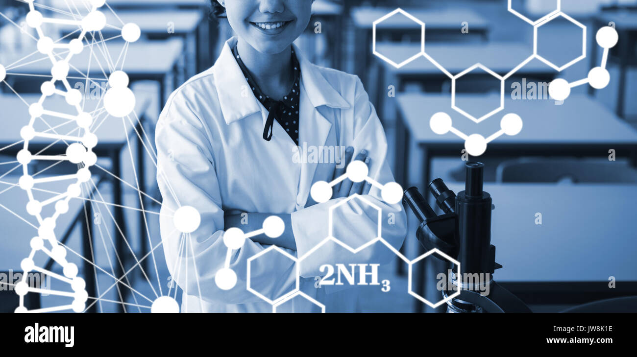 DNA helix structure against white background against portrait of ...