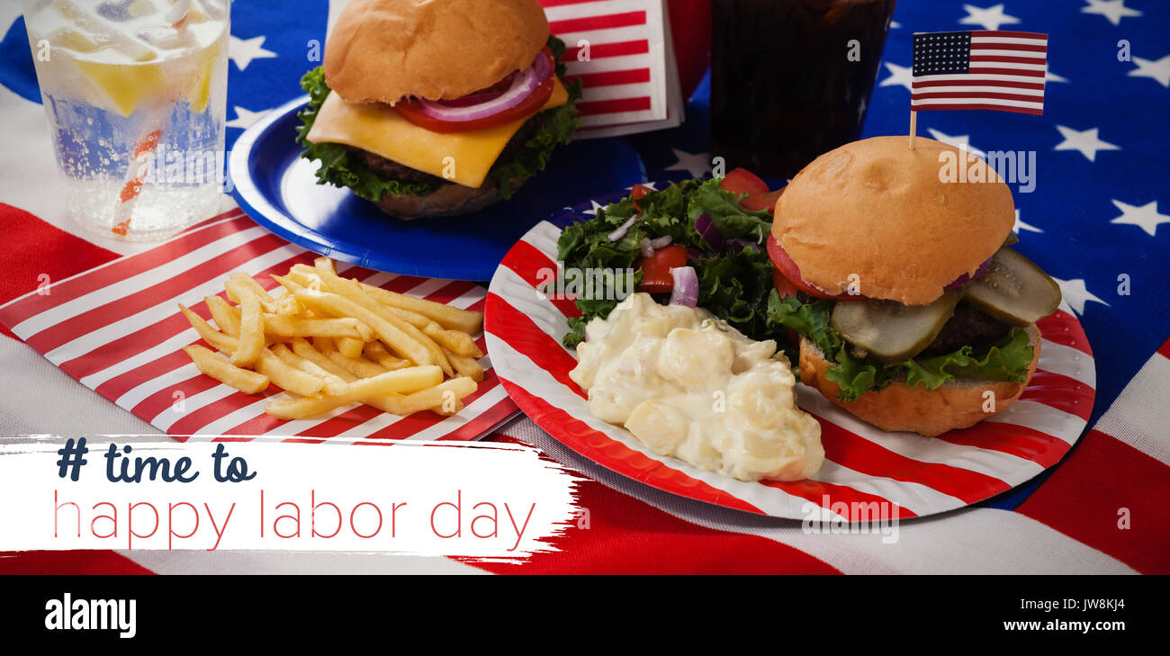 Digital composite image of time to happy labor day text against salad ...