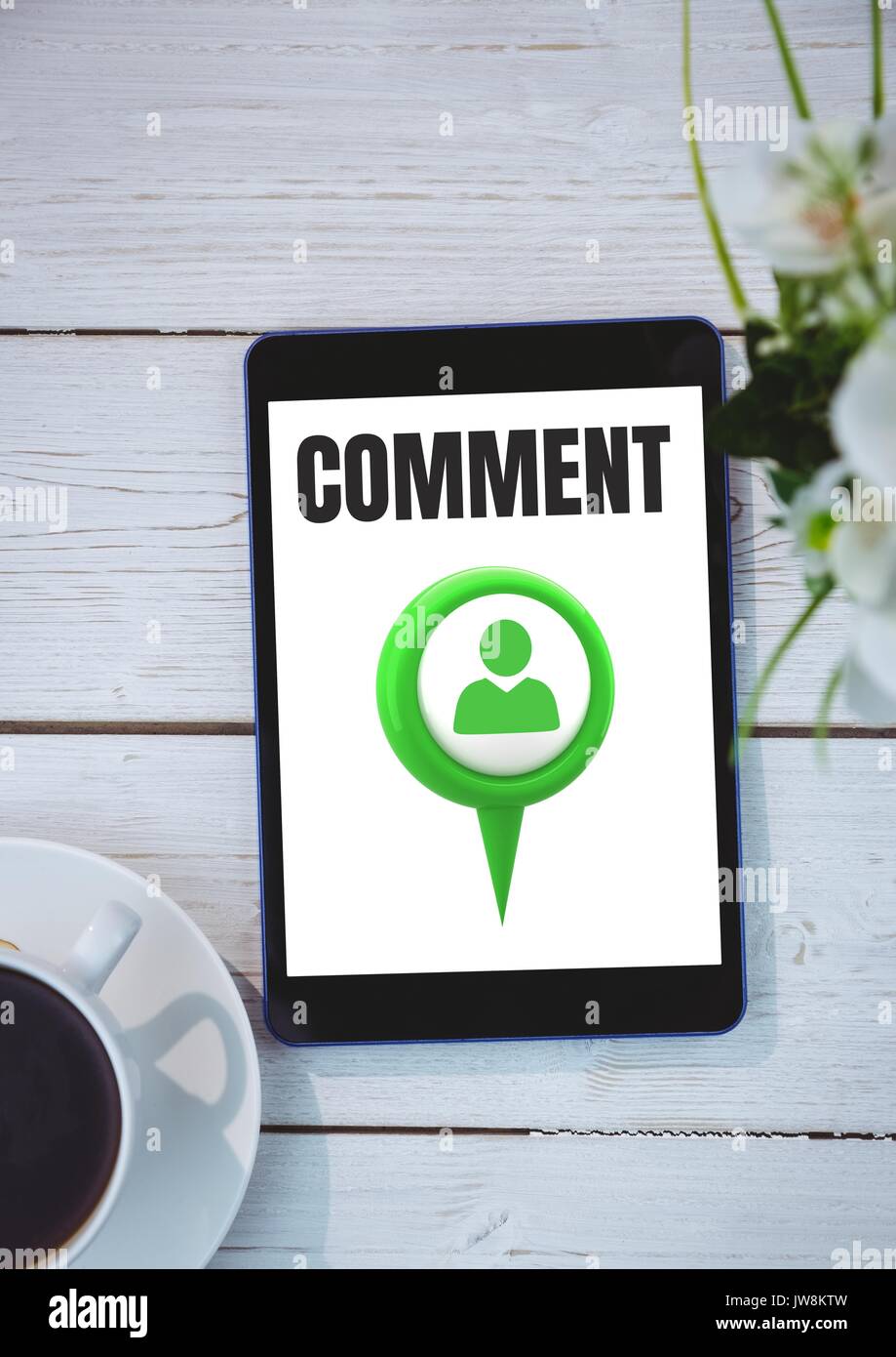 Digital composite of Comment text and location marker graphic on tablet ...