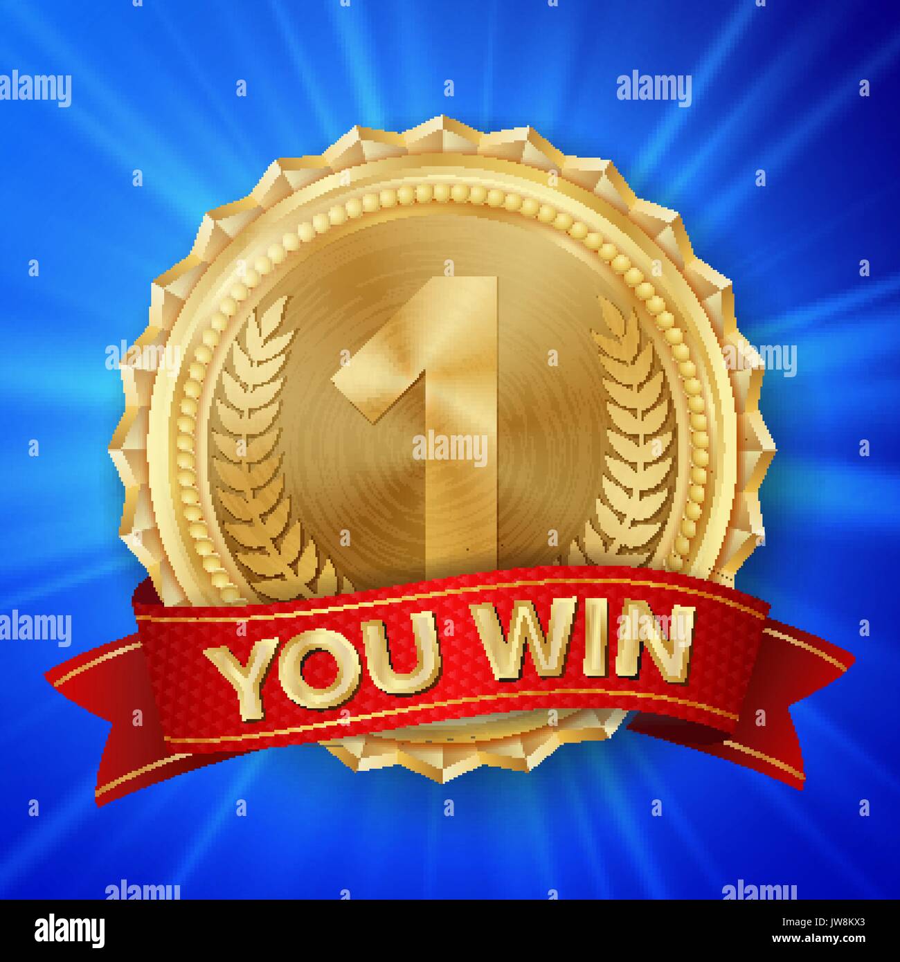 Gold Medal Vector. Round Championship Label. Ceremony Winner Honor Prize. Red Ribbon. Realistic ...