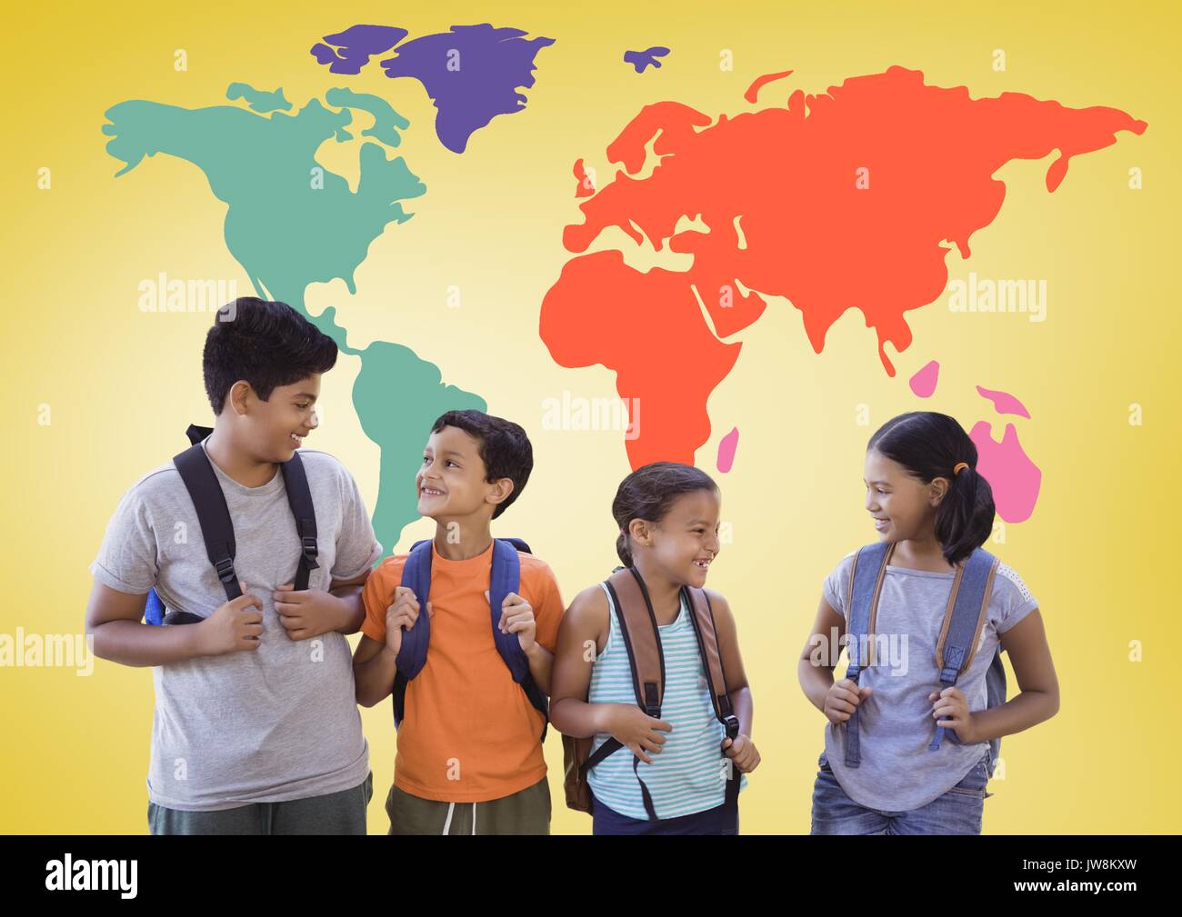 Digital composite of School kids in front of colorful world map Stock ...
