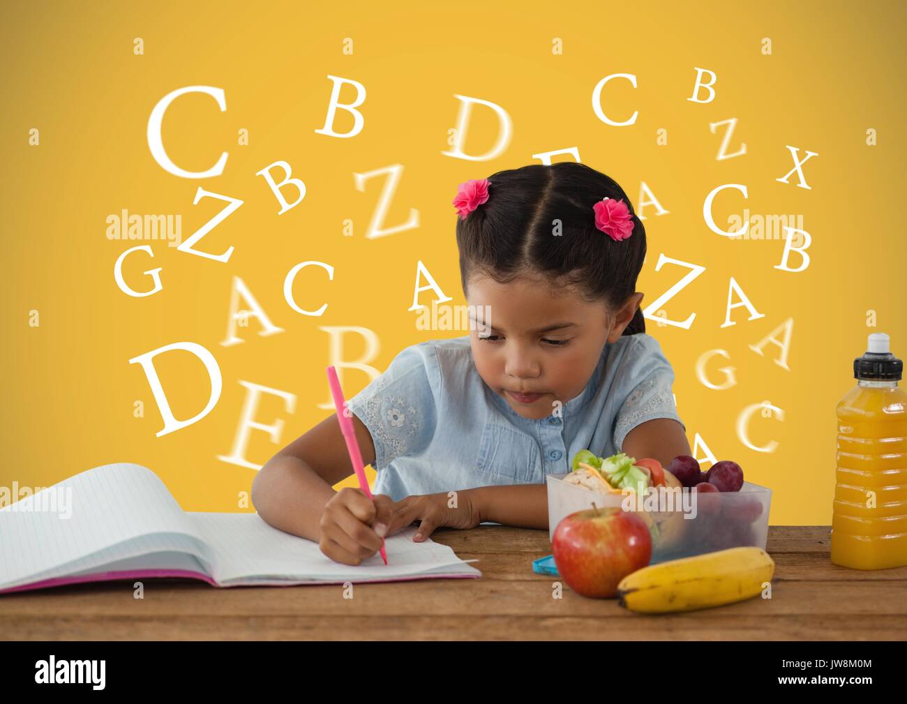 Digital composite of Many letters around Schoolgirl writing with ...