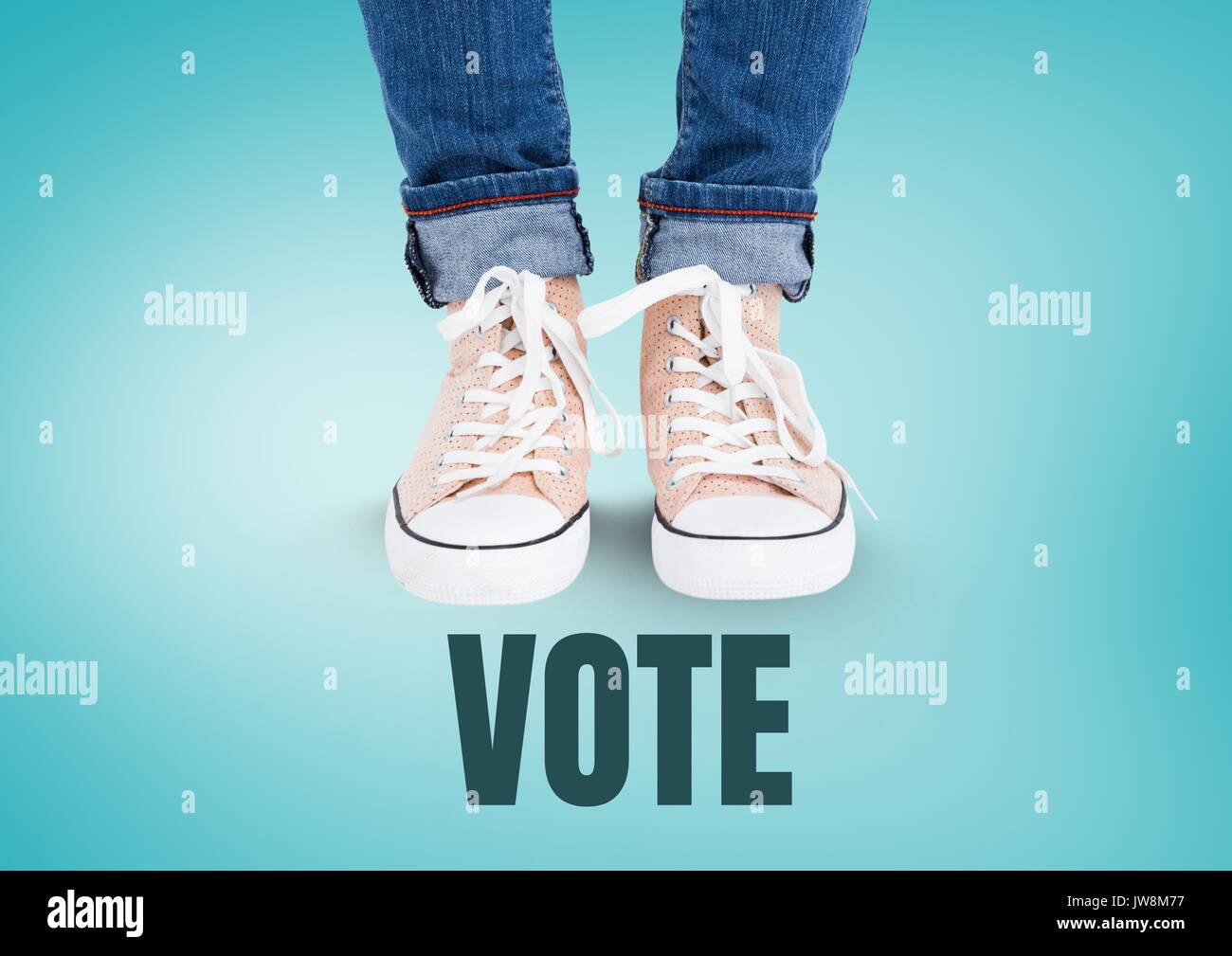 Digital composite of Vote text and Beige shoes on feet with blue ...