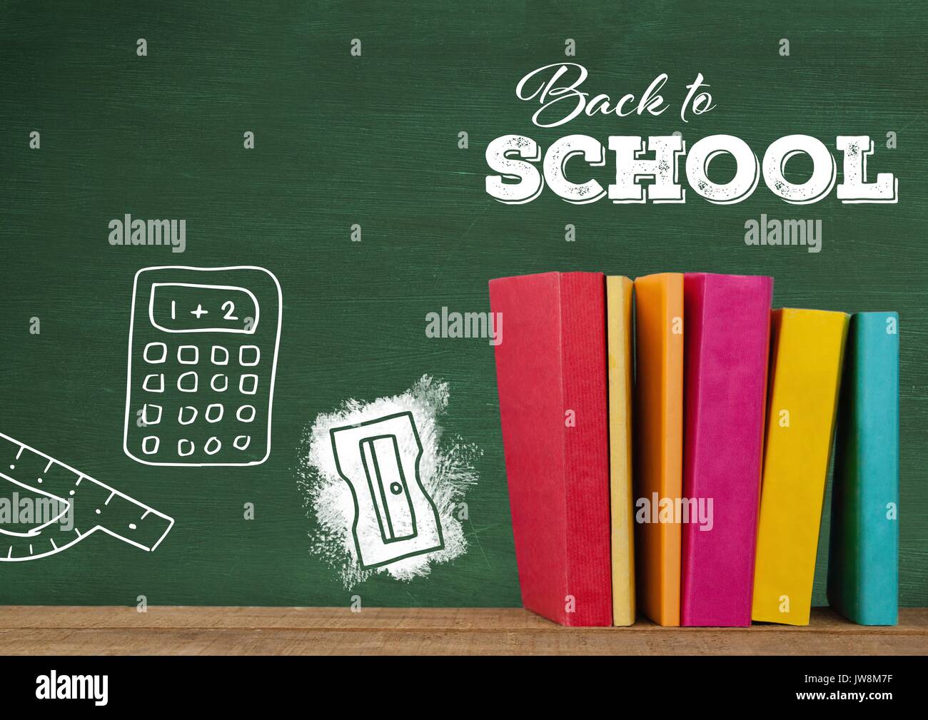 Digital composite of Books on Desk foreground with blackboard graphics ...