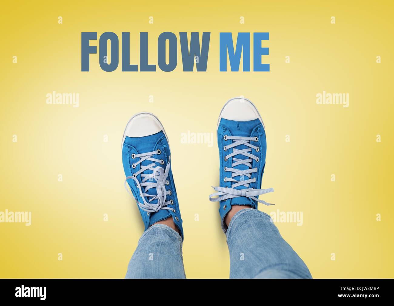 Digital composite of Follow Me text and Blue shoes on feet with yellow ...