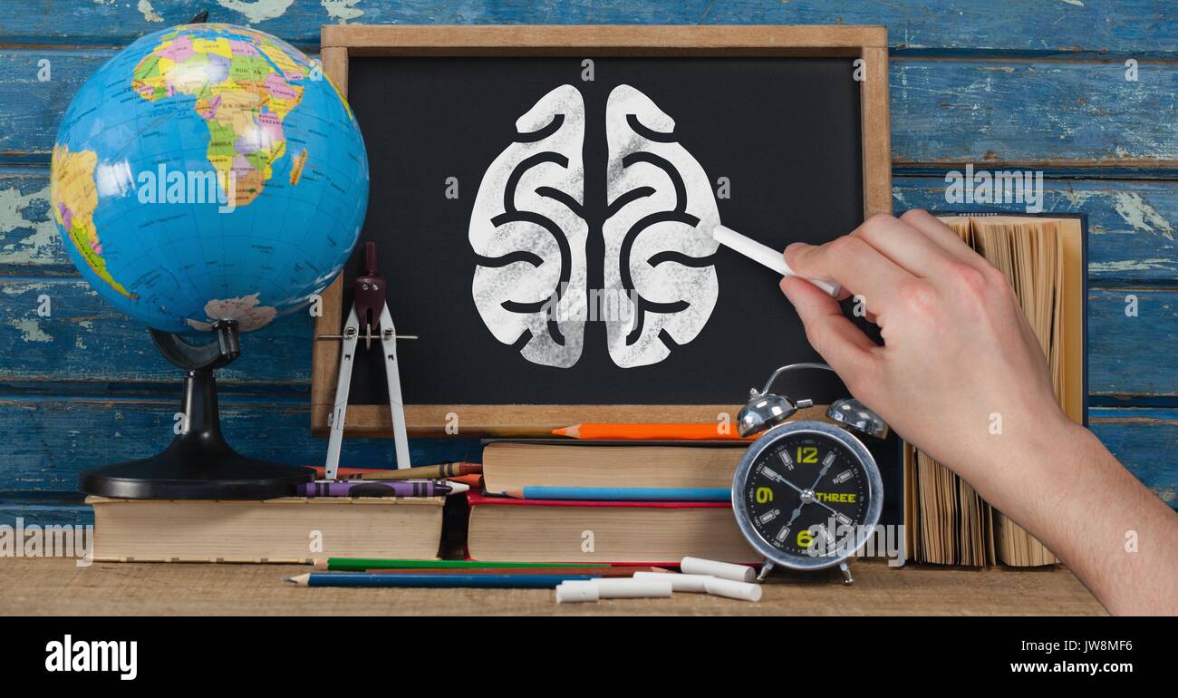 Digital composite of Hand drawing brain on blackboard with study ...
