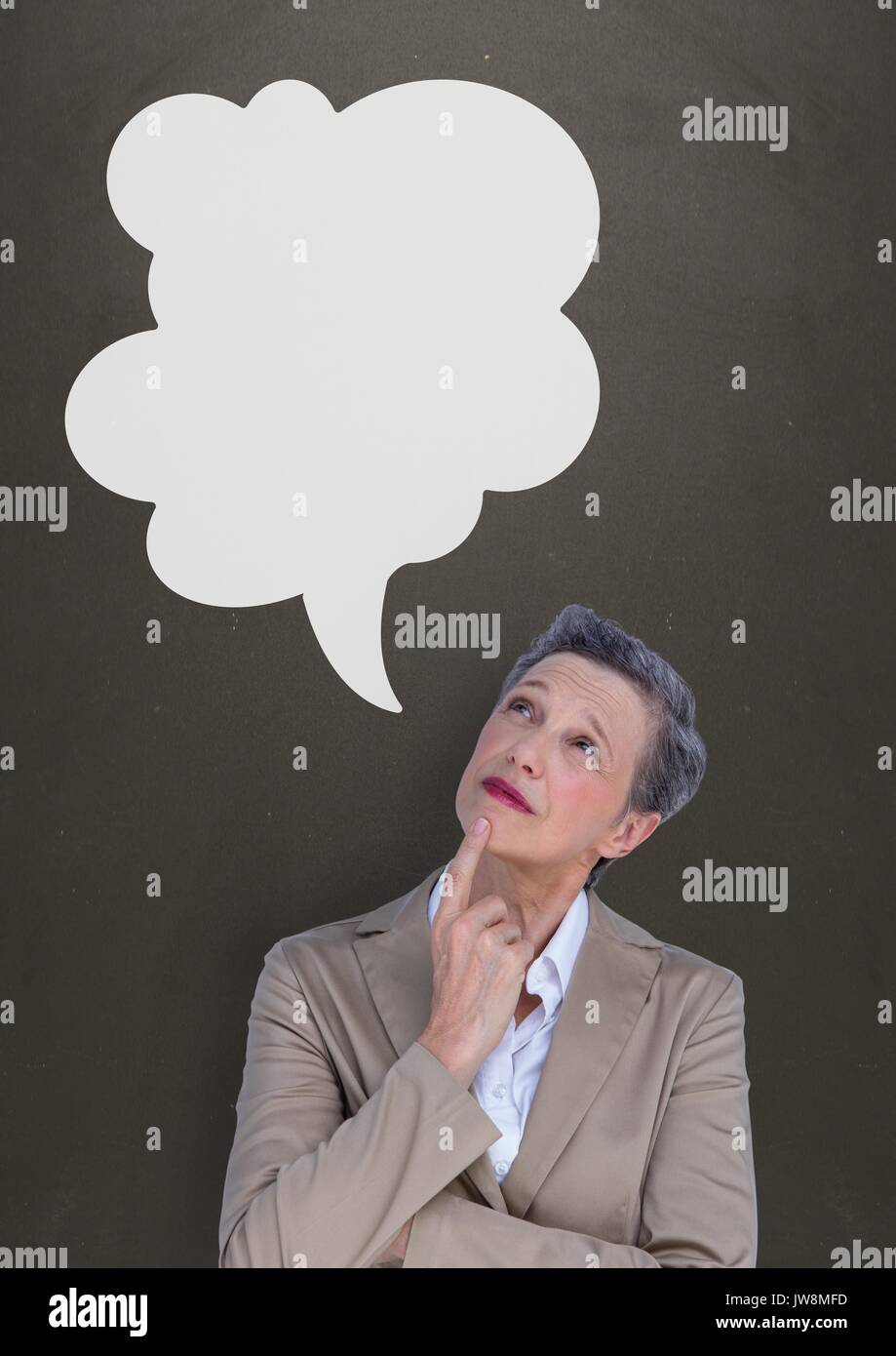 Smiling thoughtful businesswoman against hexagon pattern on technical background with binary ...