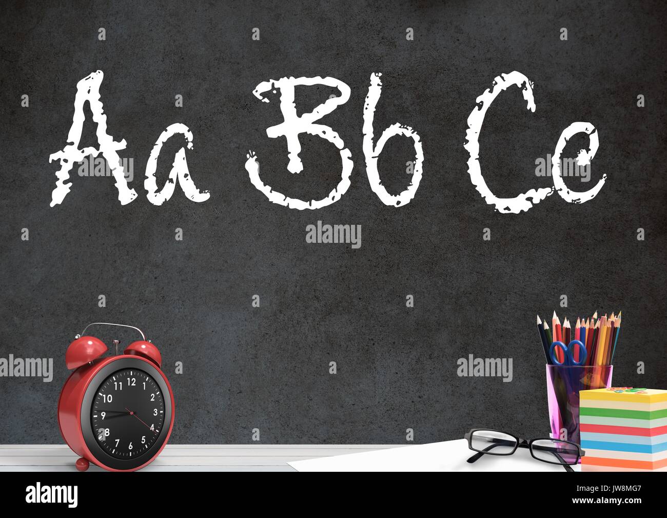 Digital composite of Desk foreground with blackboard graphics of ABC ...