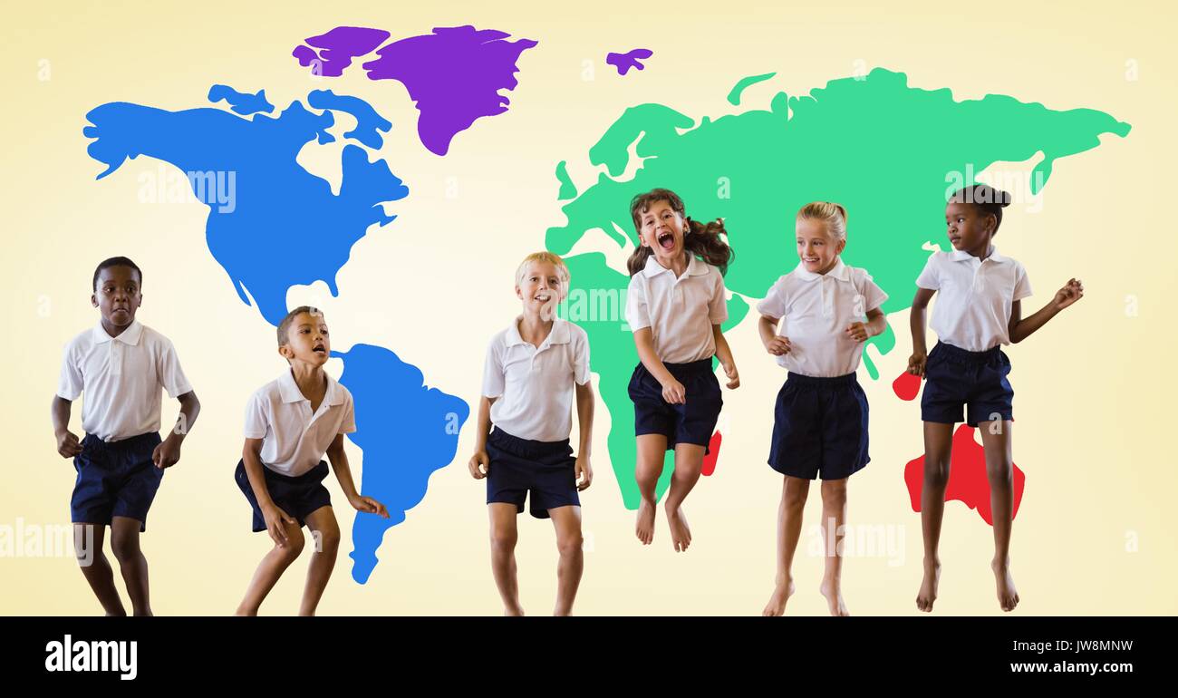 Digital composite of Multicultural Kids jumping in front of colorful ...