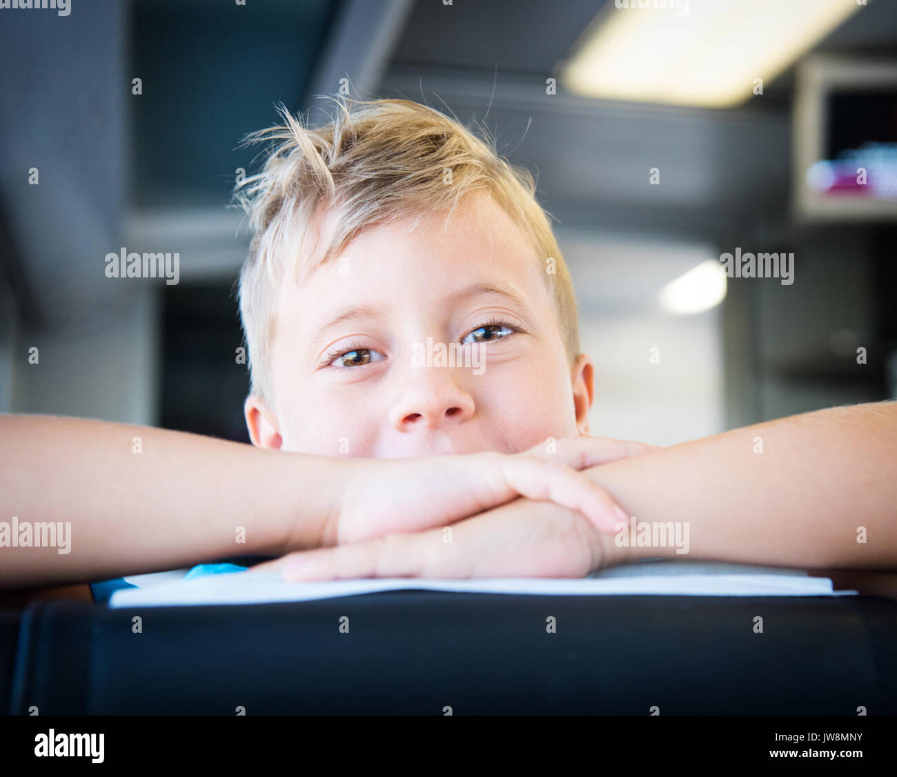 Cute little boy on the train Stock Photo - Alamy