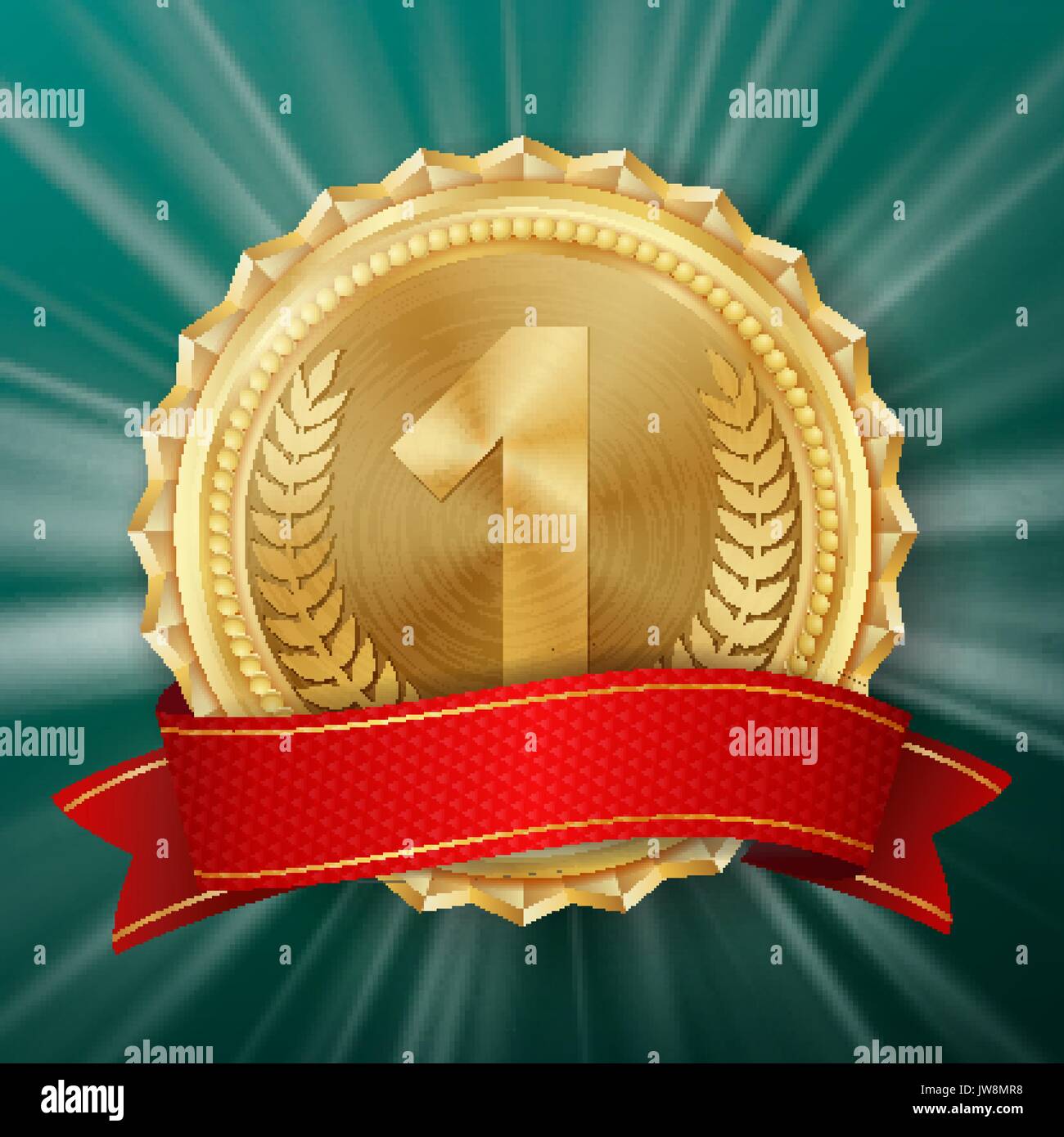 Gold Medal Vector. Golden 1st Place Badge. Metallic Winner Award. Red ...